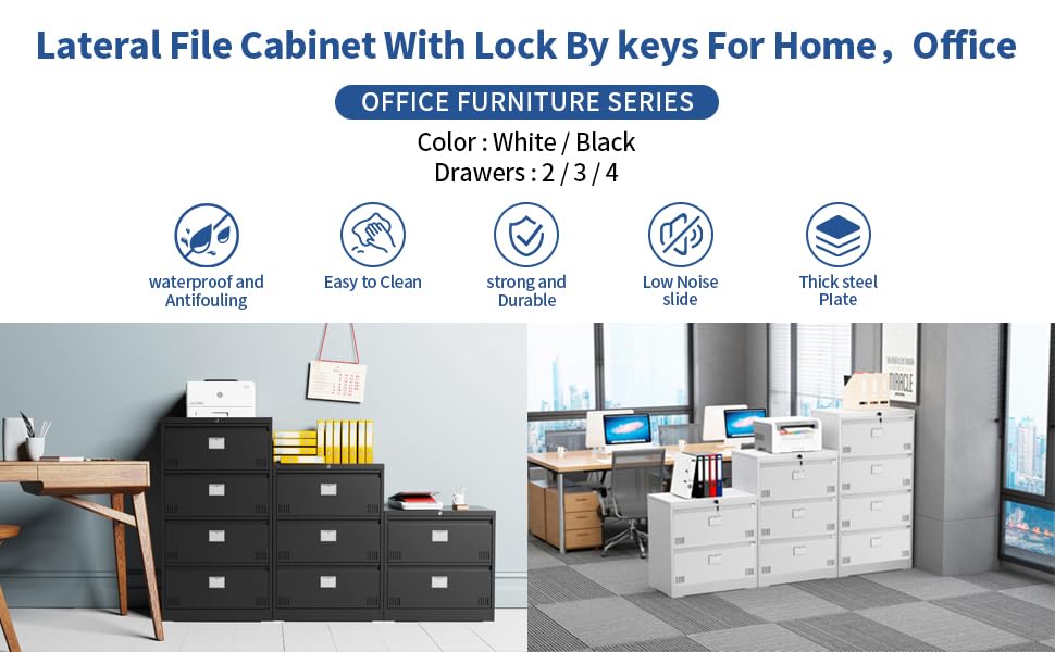 Lateral File Cabinet 4 Drawer Metal Filing Cabinets for Home Office, White File Storage Cabinet with Lock for Letter/Legal A4 Size, Locking Horizontal Filing Cabinet with Card Slot