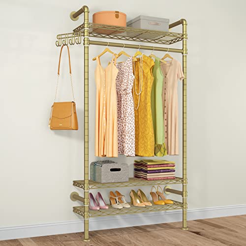 Timate F1 Pipe Clothes Rack Wall Mount Heavy Duty Closet Organizer System Hanging Closet Rack for Clothes, Closet Kit Walk in Closet Systems, Adjustable Storage Closet Shelves Wardrobe Closet, Gold