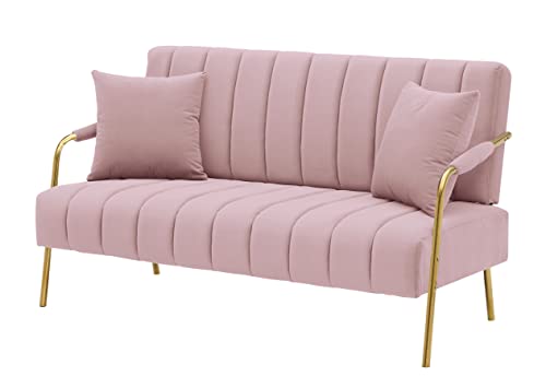 Velvet Upholstery Loveseat Tufted Futon Sofa,Australian Cashmere Fabric Accent 2-Seat Sofá Couch with Metal Legs&Throw Pillows for Living Room/Bedroom/Apartment/Office/Studio/Compact Space