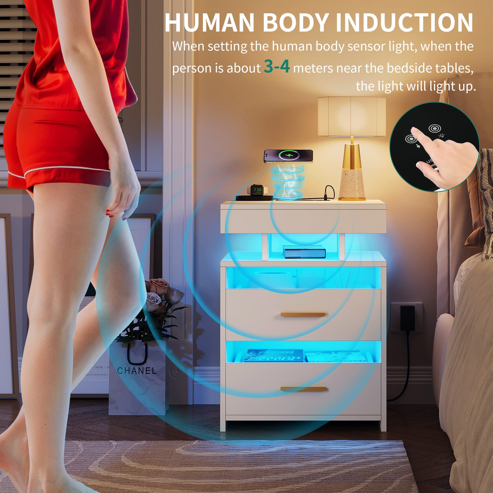 YITAHOME LED Nightstand with Wireless Charging Station, USB & Type-C Ports, Smart Night Stands with 2 Drawers for Bedroom, Modern Bedside Tables with Embedded LED Light Strip, Human Body Induction