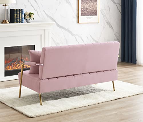 Velvet Upholstery Loveseat Tufted Futon Sofa,Australian Cashmere Fabric Accent 2-Seat Sofá Couch with Metal Legs&Throw Pillows for Living Room/Bedroom/Apartment/Office/Studio/Compact Space