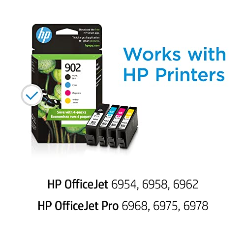 Original HP 902 Black, Cyan, Magenta, Yellow Ink Cartridges (4 Count -pack) | Works with HP OfficeJet 6950, 6960 Series, HP OfficeJet Pro 6960, 6970 Series | Eligible for Instant Ink | X4E05AN