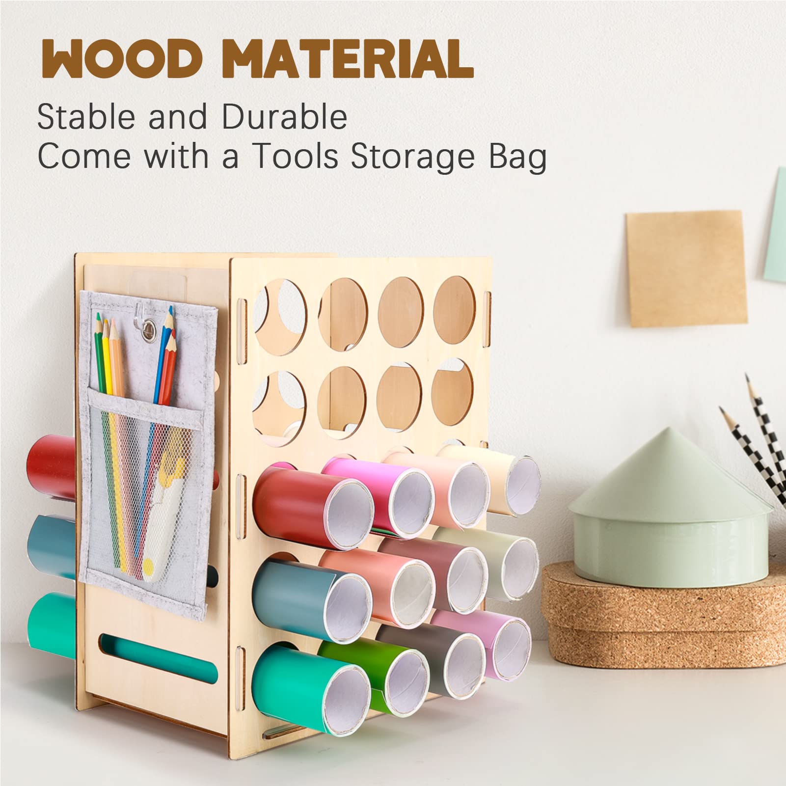 Yumkfoi 2 Pack Wooden Vinyl Roll Holder, 40 Holes Stackable Vinyl Roll Storage Rack with Weeding Tools Storage Bag, Sturdy Wood Vinyl Storage Organizer for Craft Paper Roll Holder Craft Room