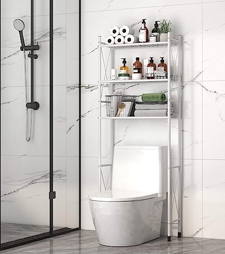 TZAMLI Over The Toilet Storage Shelf, 3-Tier Bathroom Organizer Space Saver, Free-Standing Above Toilet Rack Metal Bathroom Shelves, White