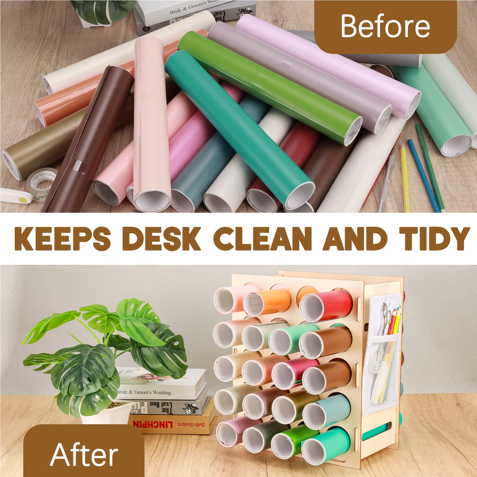 Yumkfoi 2 Pack Wooden Vinyl Roll Holder, 40 Holes Stackable Vinyl Roll Storage Rack with Weeding Tools Storage Bag, Sturdy Wood Vinyl Storage Organizer for Craft Paper Roll Holder Craft Room