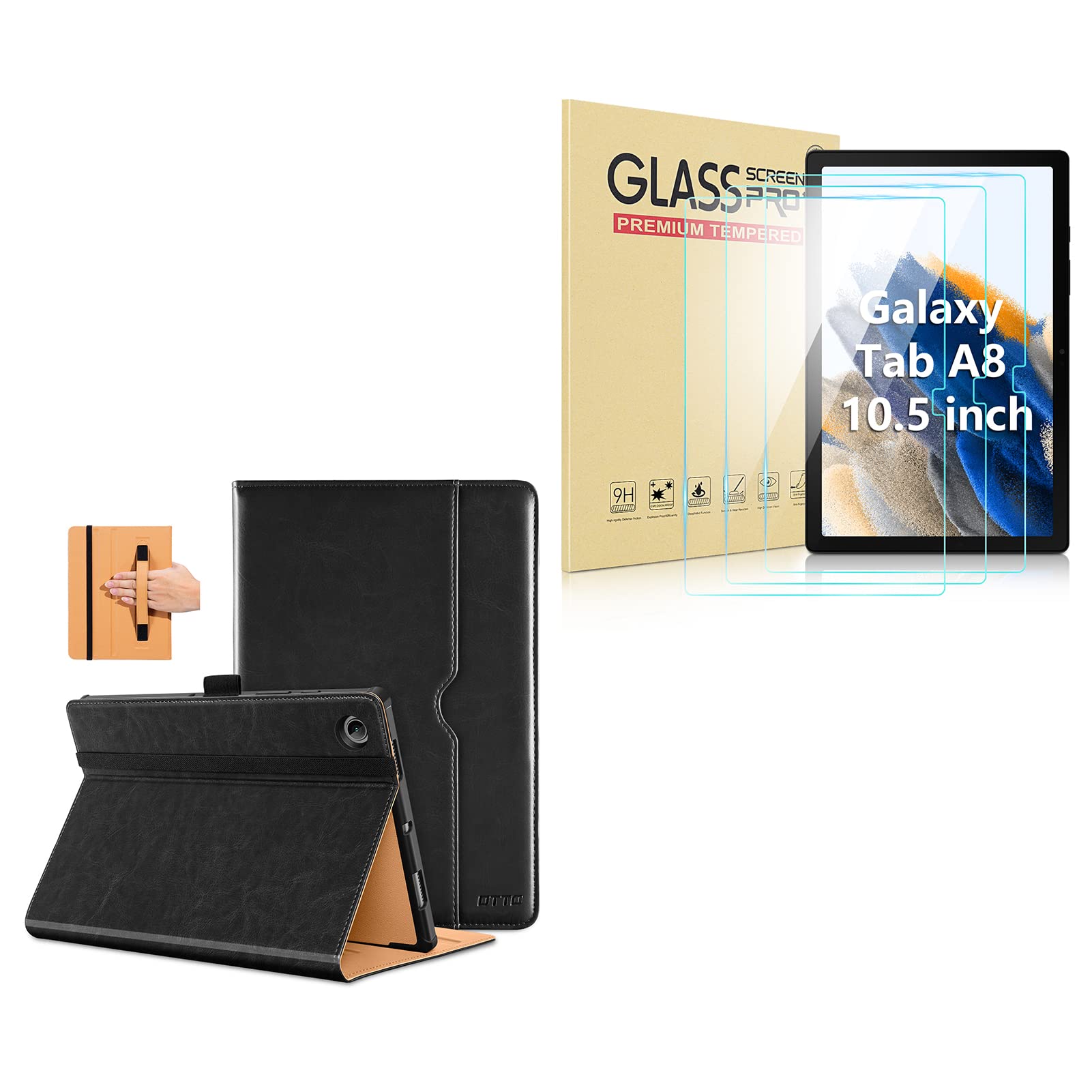 DTTO for Samsung Galaxy Tab A8 10.5 inch Case 2022, Premium Leather Business Folio Stand Cover with 3 Pack HD Tempered Glass Screen Protector for Galaxy Tab A8 10.5" [SM-X200/X205/X207], Black