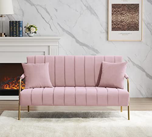 Velvet Upholstery Loveseat Tufted Futon Sofa,Australian Cashmere Fabric Accent 2-Seat Sofá Couch with Metal Legs&Throw Pillows for Living Room/Bedroom/Apartment/Office/Studio/Compact Space