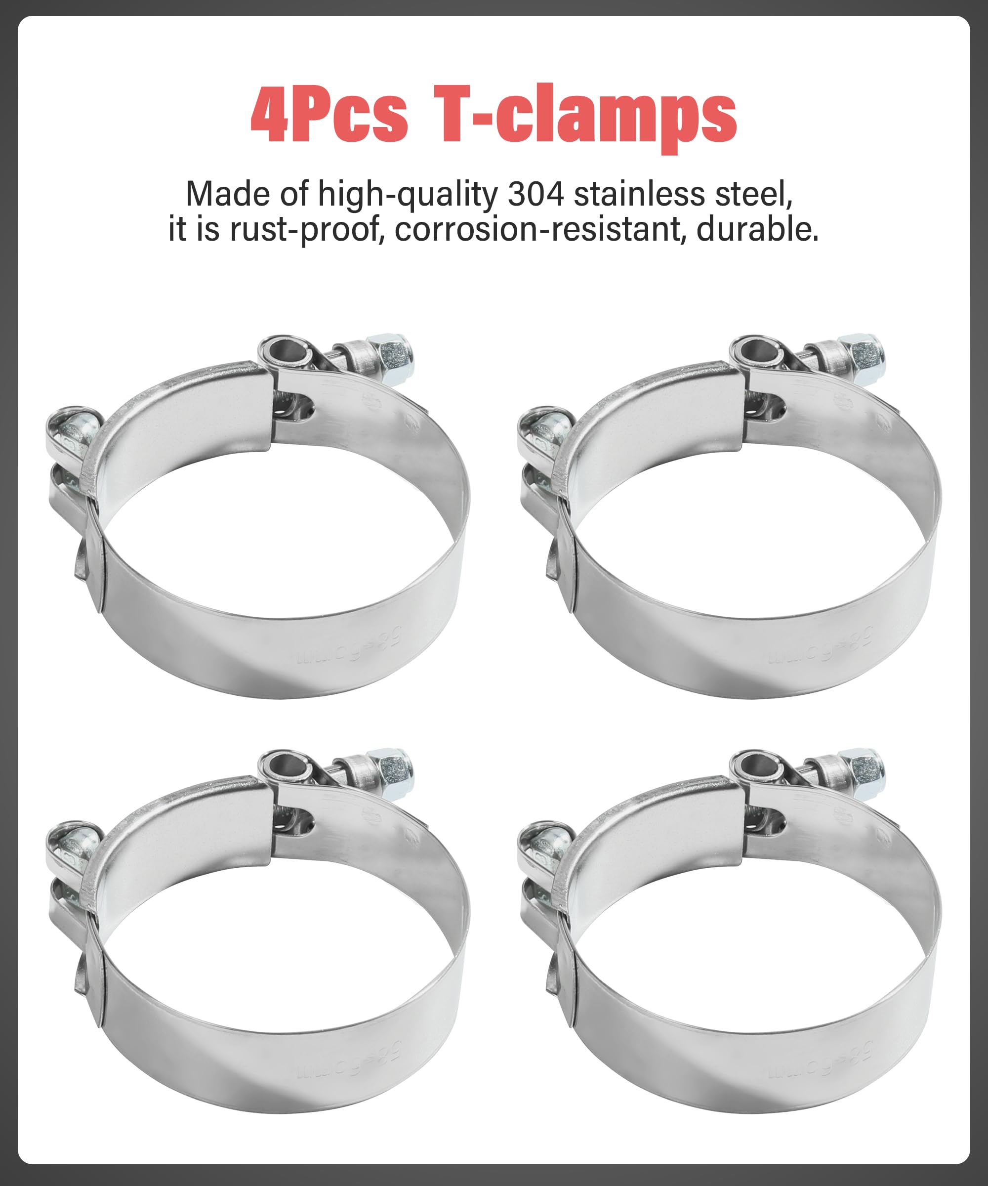 Zlirfy 4PCS T-Bolt Hose Clamps,Stainless Steel Intercooler Pipe Tube Clamps,Turbo Pipe Clamps,Adjustable Turbo Intake Intercooler Hose Clamp,Suitable for Intake system,Intercooler (4 Pcs, 2.0")