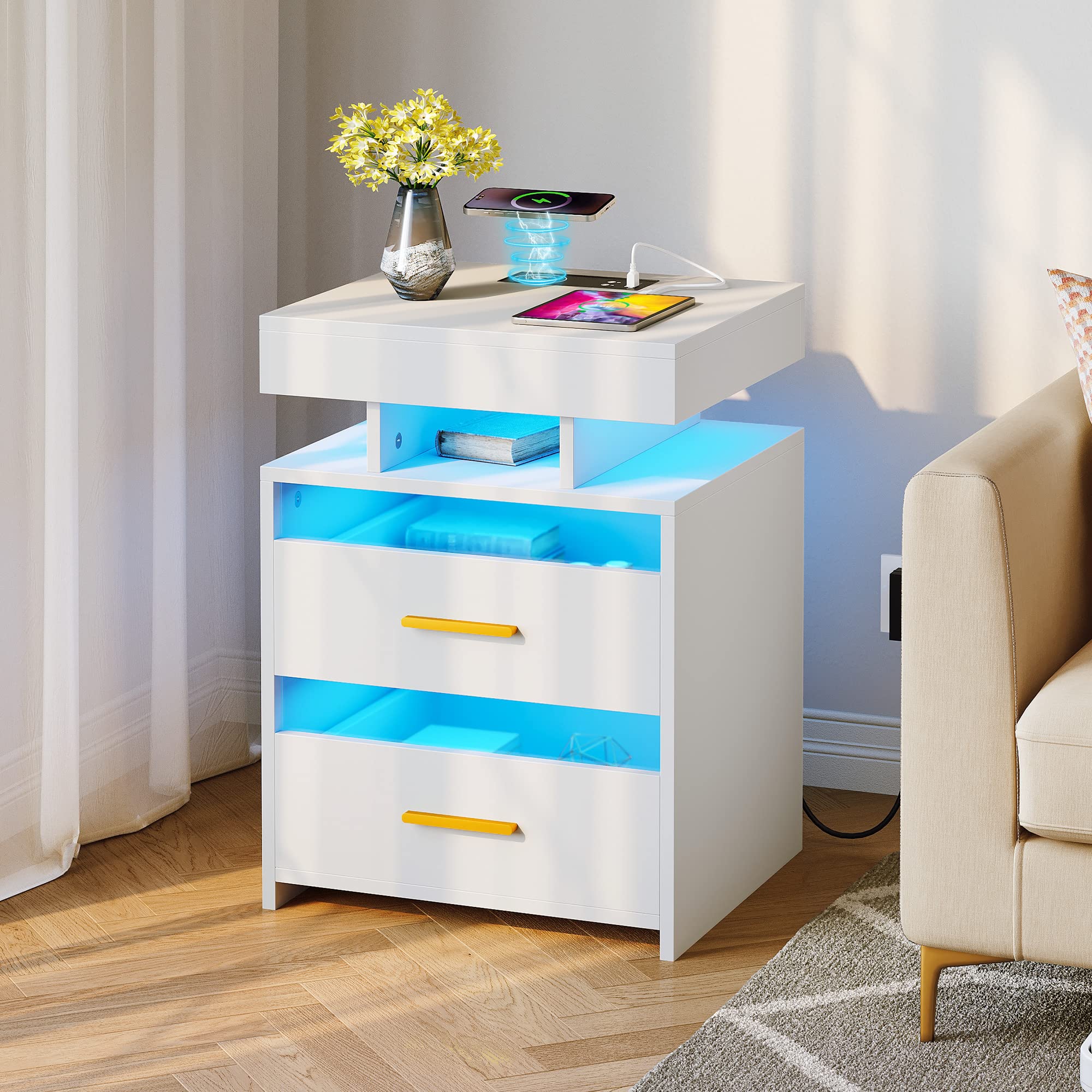 YITAHOME LED Nightstand with Wireless Charging Station, USB & Type-C Ports, Smart Night Stands with 2 Drawers for Bedroom, Modern Bedside Tables with Embedded LED Light Strip, Human Body Induction