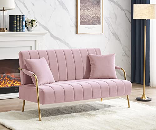 Velvet Upholstery Loveseat Tufted Futon Sofa,Australian Cashmere Fabric Accent 2-Seat Sofá Couch with Metal Legs&Throw Pillows for Living Room/Bedroom/Apartment/Office/Studio/Compact Space