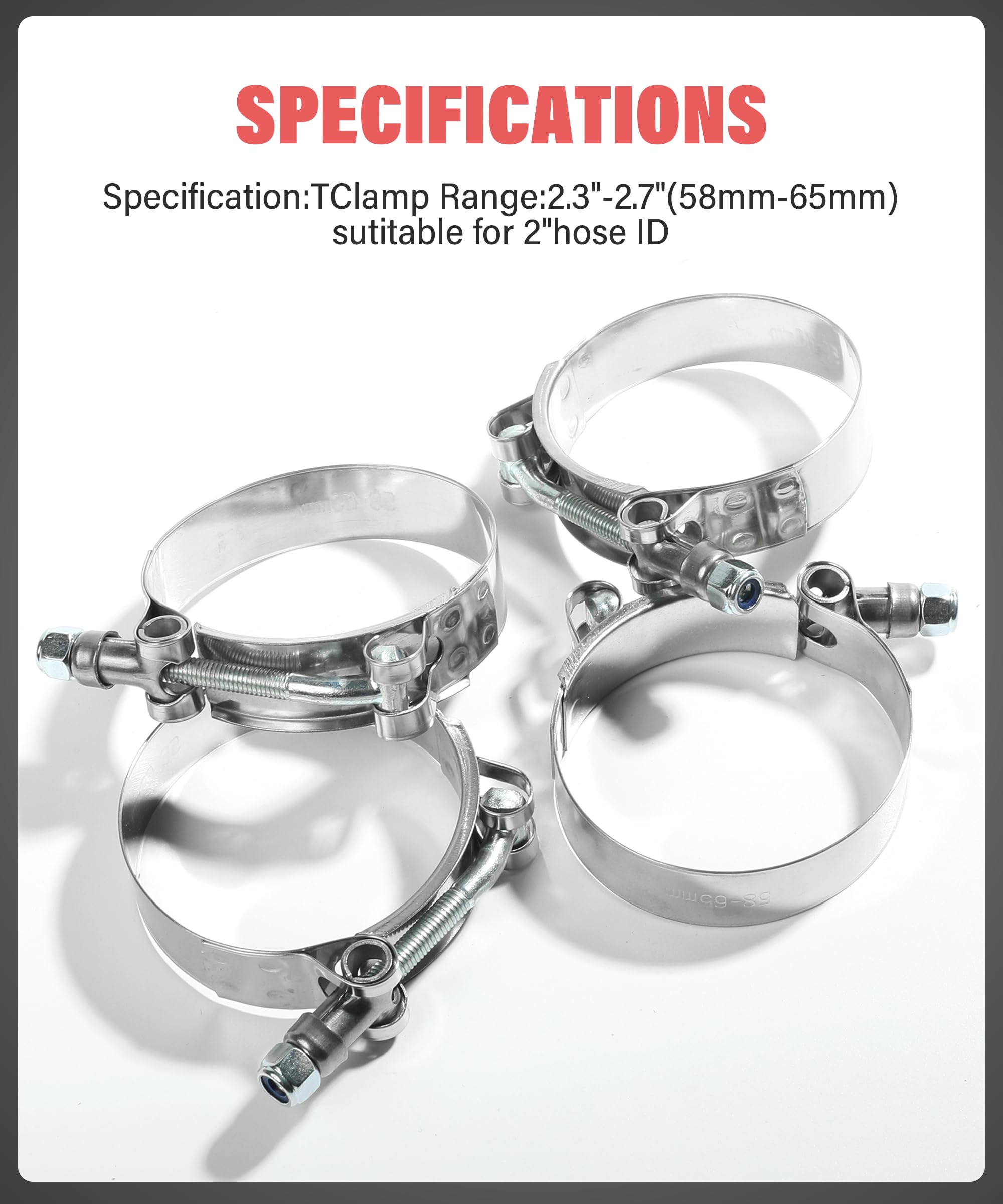 Zlirfy 4PCS T-Bolt Hose Clamps,Stainless Steel Intercooler Pipe Tube Clamps,Turbo Pipe Clamps,Adjustable Turbo Intake Intercooler Hose Clamp,Suitable for Intake system,Intercooler (4 Pcs, 2.0")