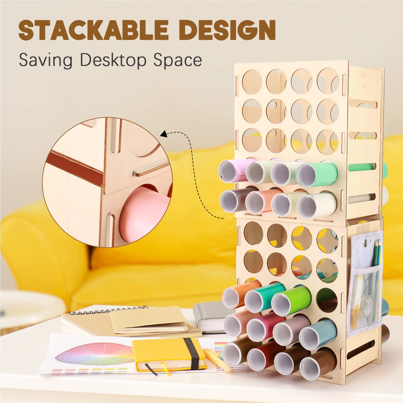 Yumkfoi 2 Pack Wooden Vinyl Roll Holder, 40 Holes Stackable Vinyl Roll Storage Rack with Weeding Tools Storage Bag, Sturdy Wood Vinyl Storage Organizer for Craft Paper Roll Holder Craft Room