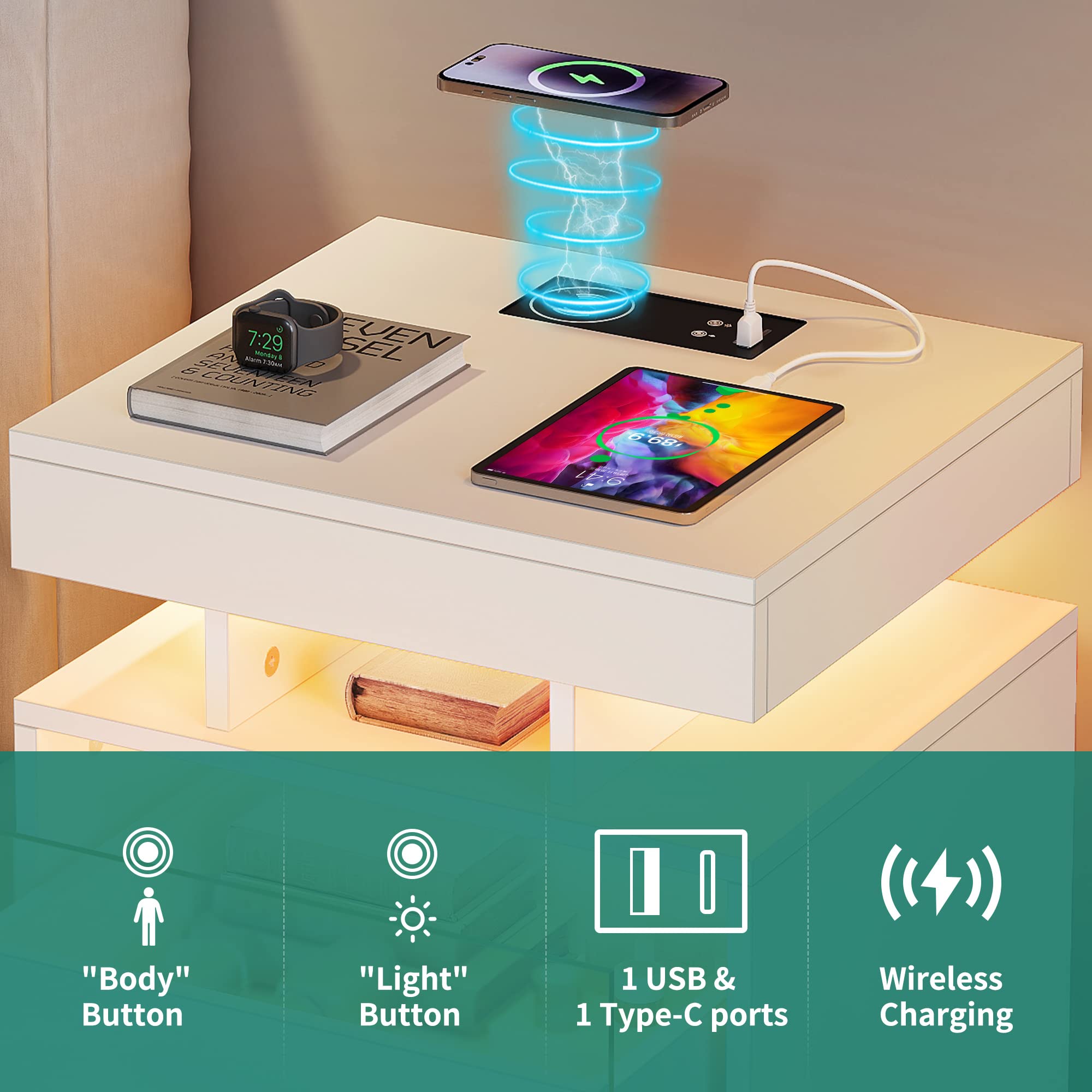 YITAHOME LED Nightstand with Wireless Charging Station, USB & Type-C Ports, Smart Night Stands with 2 Drawers for Bedroom, Modern Bedside Tables with Embedded LED Light Strip, Human Body Induction