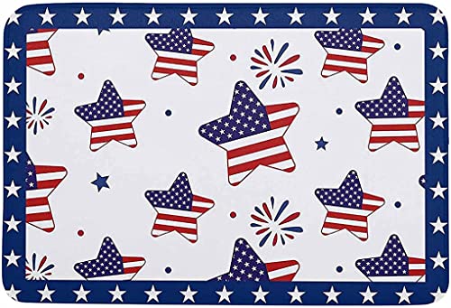 July 4th Bath Rugs US Flag Stars Border Independence Day Holiday Sponge Doormat Absorbent Non Slip Backing Flannel Mat Red White Blue Stripes Memory Foam Mats for Bathroom Kitchen 16x24 inch