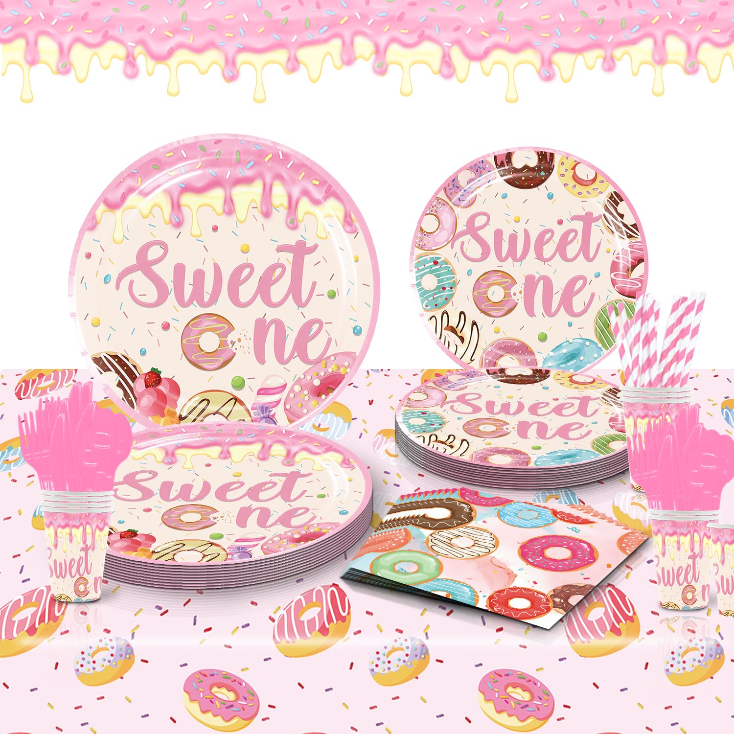 LXlucktim Donut Birthday Party Supplies for 1 Year Old Girl, 202 Pcs Sweet One Party Decorations for Girls Baby - Table Cover, Plates, Cups, Napkins, Utensils, Serves 25 Guests