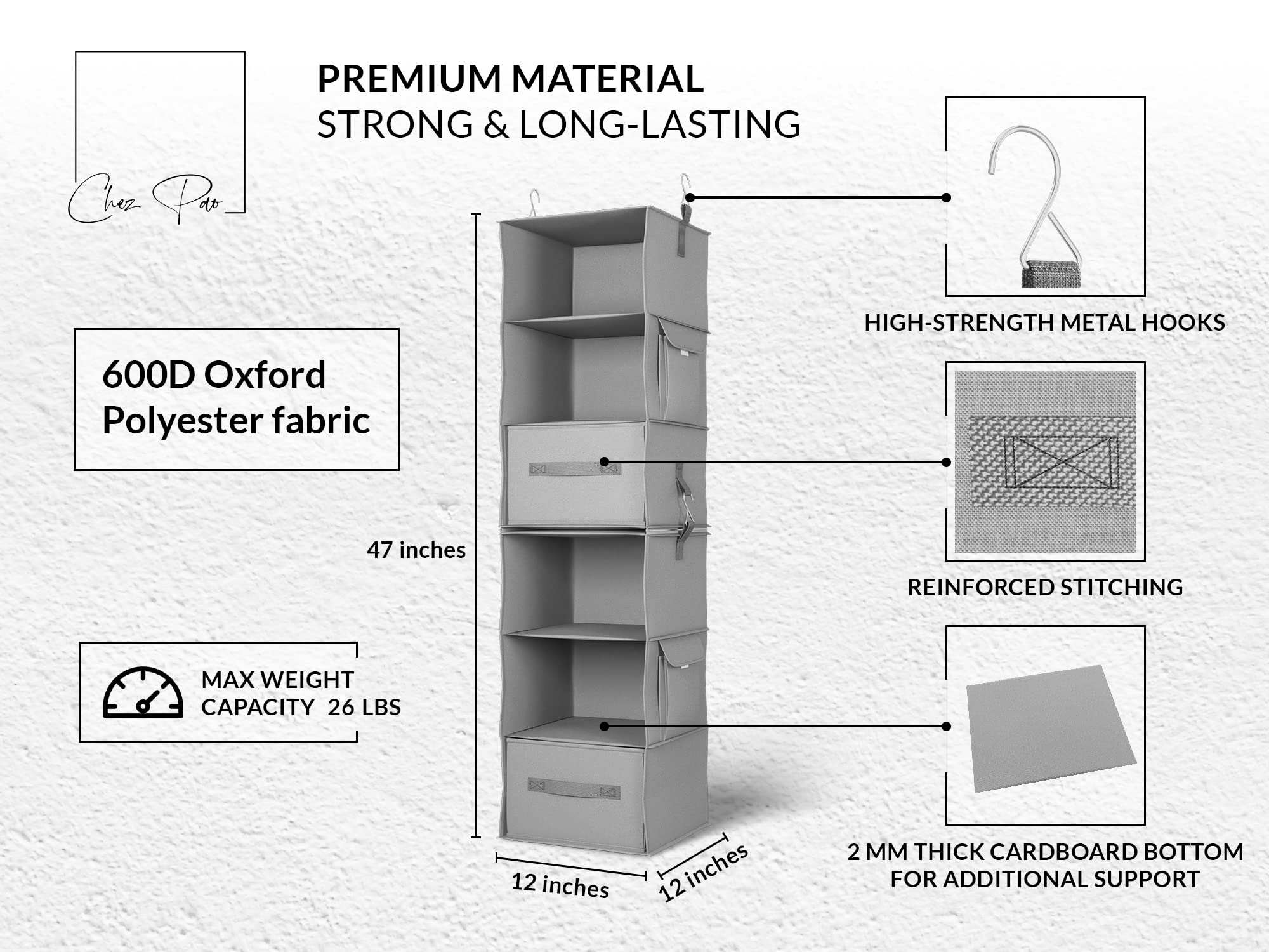 Chez Pao 6-Shelf Hanging Closet Organizer with 3 Drawers & 3 Shelves - Closet Organizers and Storage - Closet Organization - Incl. 2 Packing Cubes