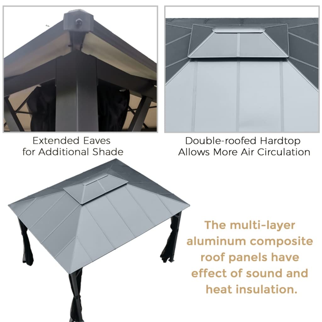 Walnut 12 ft. x 10 ft. Aluminum Hardtop Outdoor Patio Gazebo with Insulated Double-Roof Hardtop and Netting