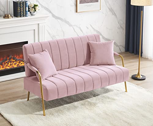 Velvet Upholstery Loveseat Tufted Futon Sofa,Australian Cashmere Fabric Accent 2-Seat SofĆ” Couch with Metal Legs&Throw Pillows for Living Room/Bedroom/Apartment/Office/Studio/Compact Space
