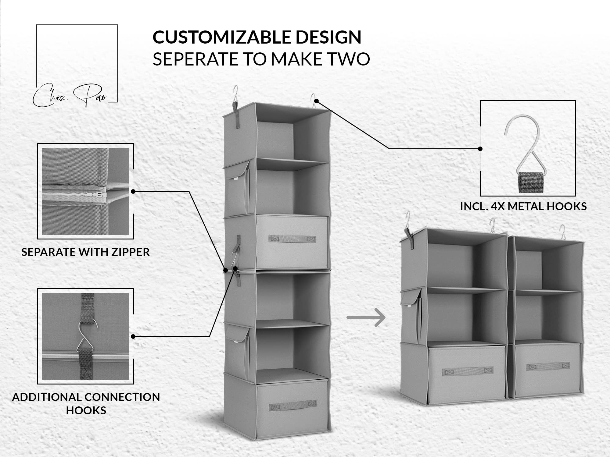Chez Pao 6-Shelf Hanging Closet Organizer with 3 Drawers & 3 Shelves - Closet Organizers and Storage - Closet Organization - Incl. 2 Packing Cubes