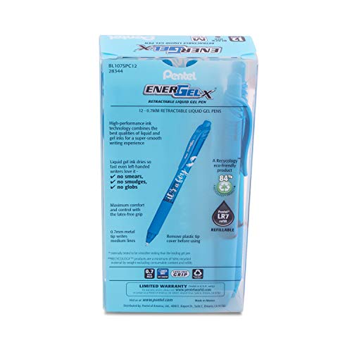 Pentel EnerGel-X Retractable Gel Pen, (0.7mm) Med. line, Sky Blue Ink- It's a Boy! Dozen Box (BL107SPC12)