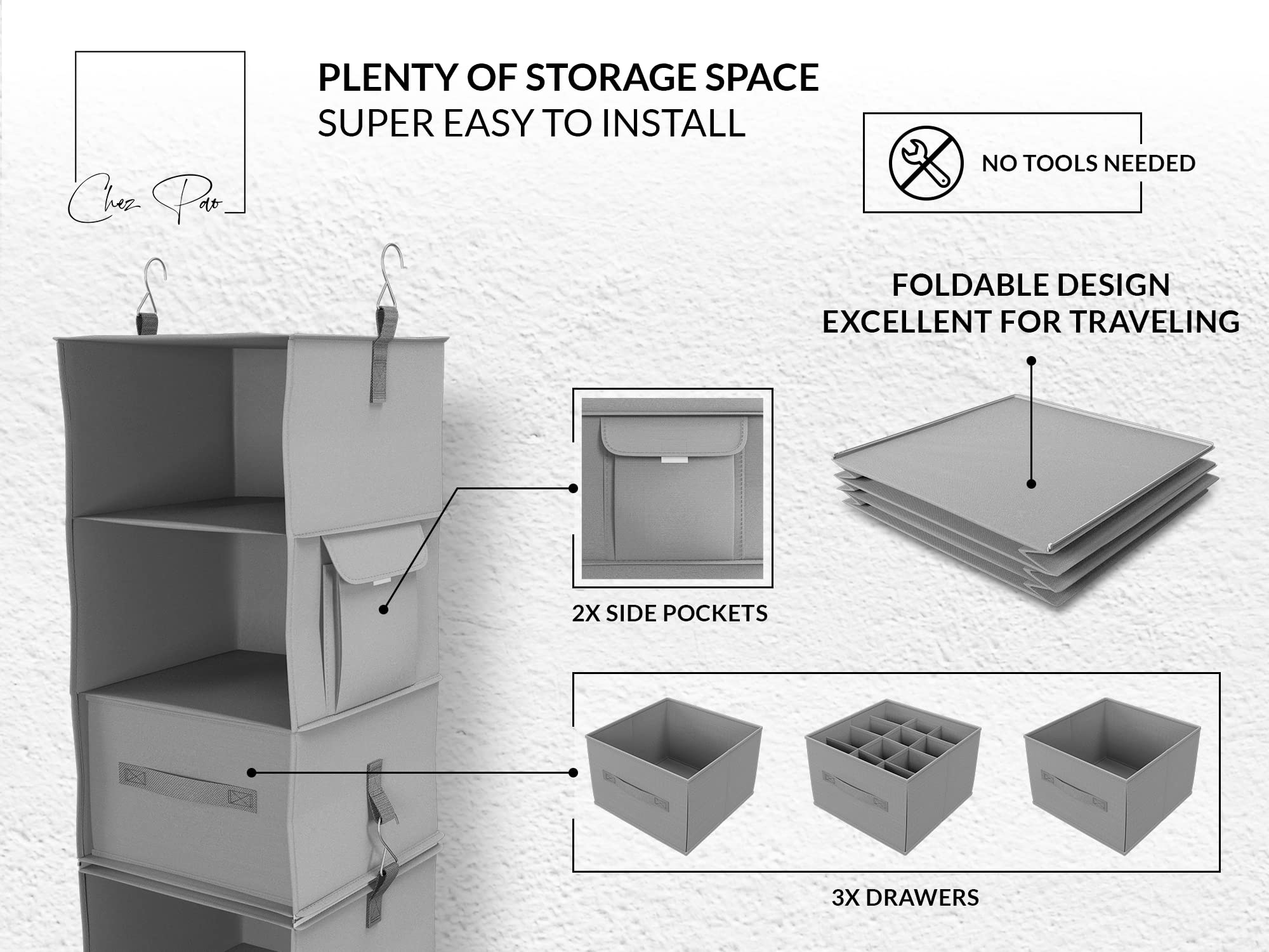 Chez Pao 6-Shelf Hanging Closet Organizer with 3 Drawers & 3 Shelves - Closet Organizers and Storage - Closet Organization - Incl. 2 Packing Cubes