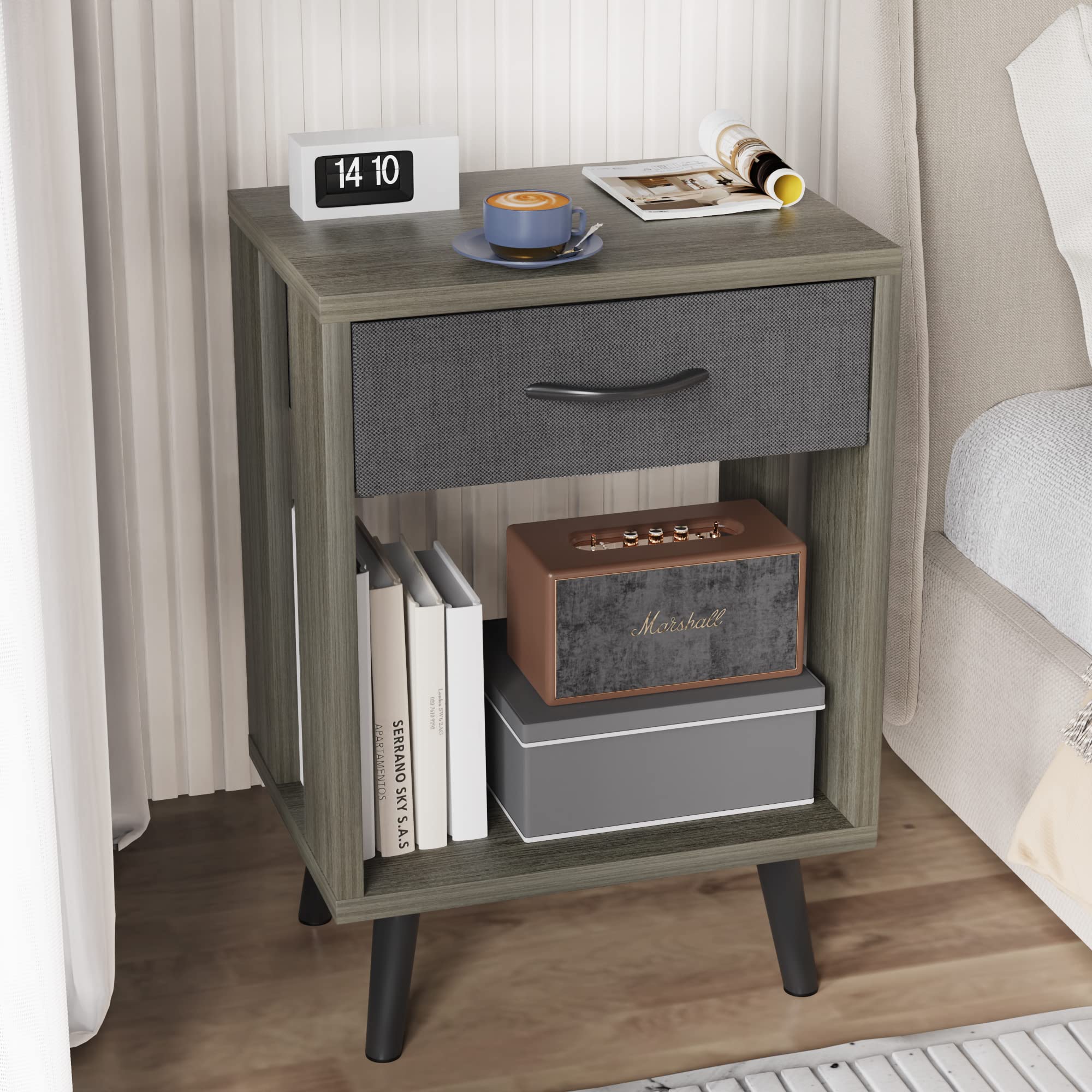 GYIIYUO Nightstand with Fabric Storage Drawer and Open Wood Shelf, Side Table with Storage for Bedroom, Night Stand with Drawer for Bedroom, Bedside Tables - Rustic Brown - Gray, Grey