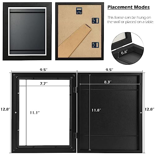 SanerDirect 2 Pack Black Frame for Kids Artwork, Displays 8.5x11 Artwork Frame Changeable| Hinged Wooden Frame for Picture, A4 Size Art Storage, Drawing Storage (12" x9 frame)