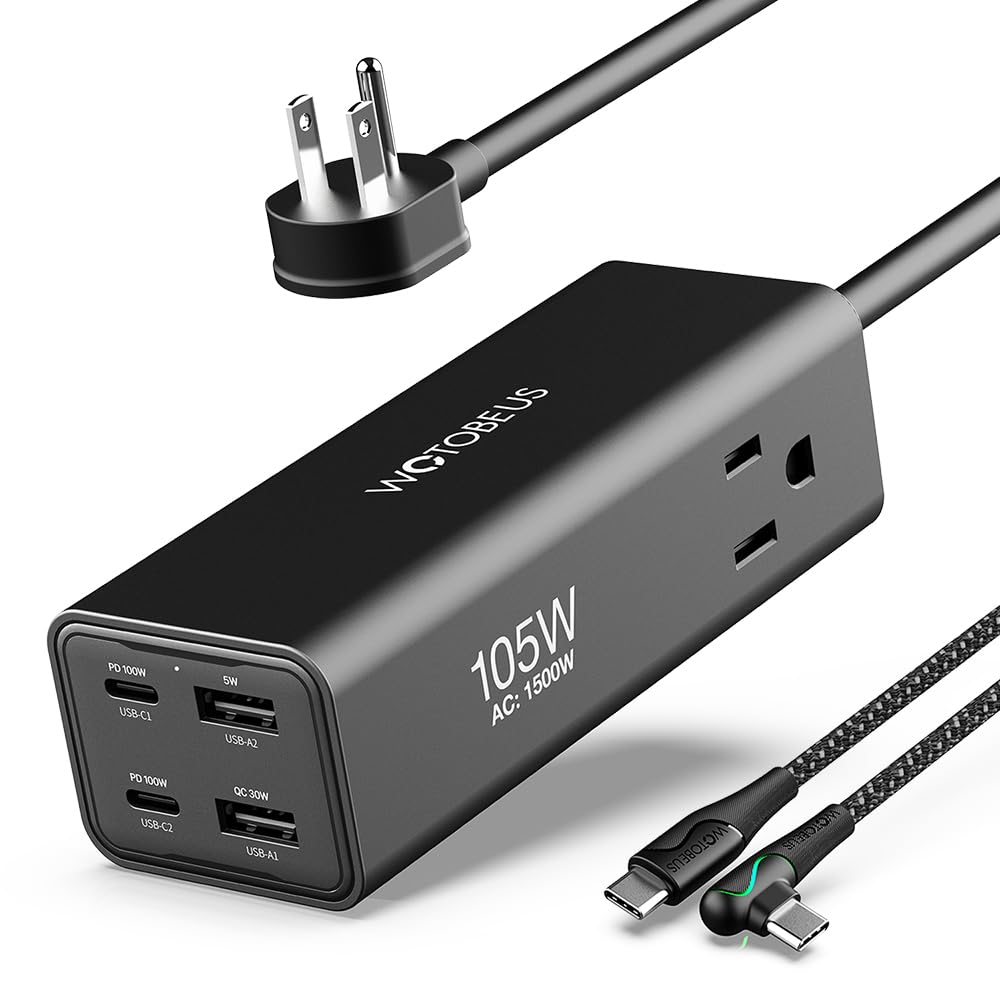 WOTOBEUS 105W GaN 3-Port USB C Charger, PD 100W PPS45W Super Fast Charging Station, Compact Surge Protector Power Strip for iPhone 16 15, iPad, MacBook Pro/Air, Galaxy S25 S24, Laptop (Type-C)