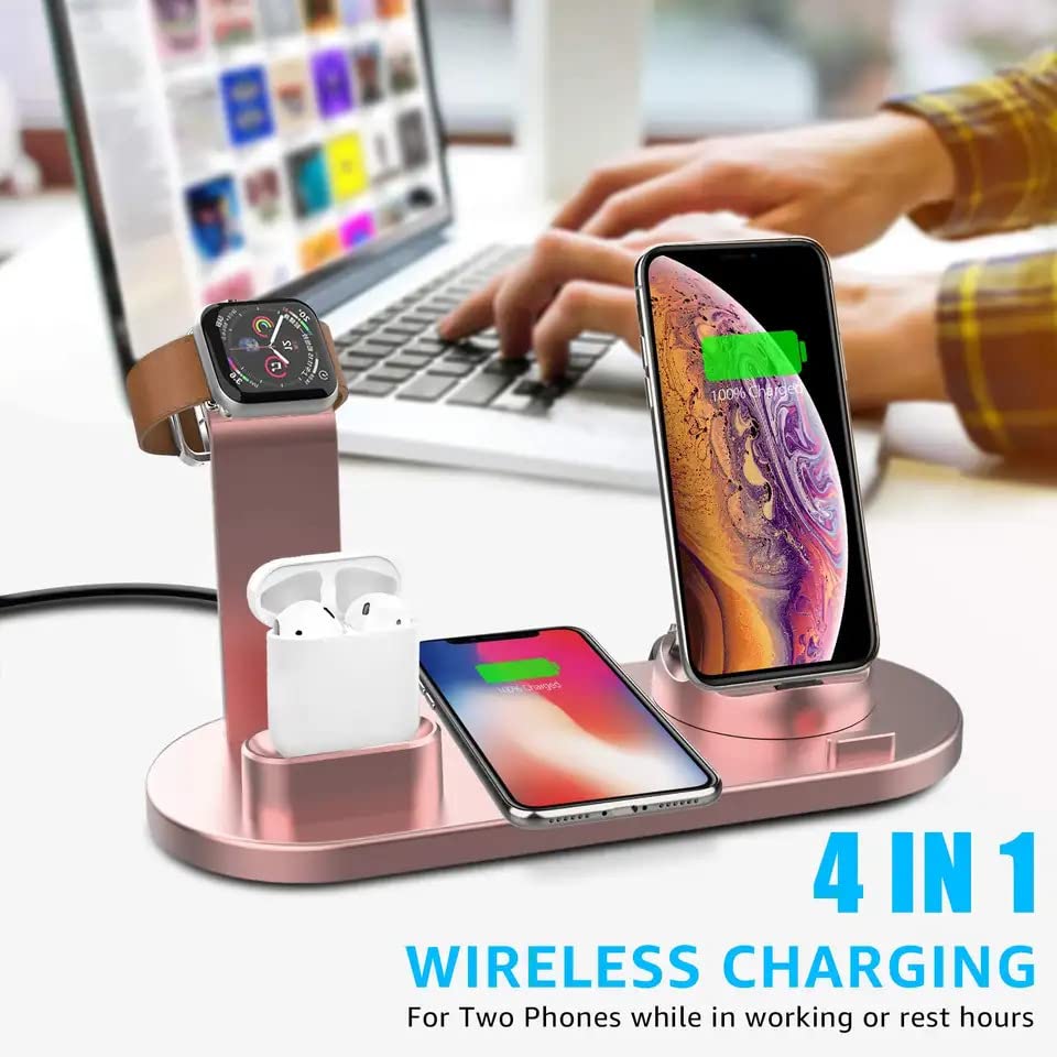 Multifunctional 4 in 1 Wireless Charger Fast Charging Dock Stand Desktop Charging Station (Black)