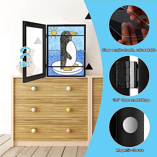 SanerDirect 2 Pack Black Frame for Kids Artwork, Displays 8.5x11 Artwork Frame Changeable| Hinged Wooden Frame for Picture, A4 Size Art Storage, Drawing Storage (12" x9 frame)