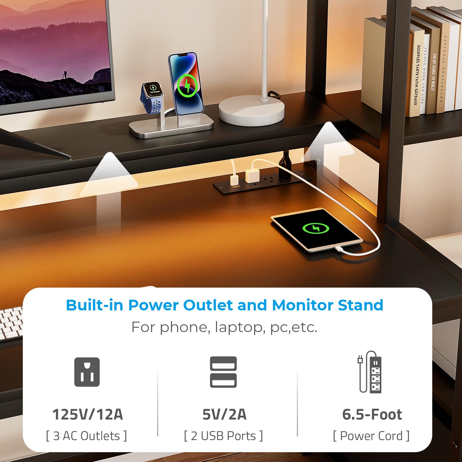 GreenForest Office Desk with Power Outlets and Printer Shelf, 59 inch Computer Desk with LED and Drawer, Reversible Gaming Desk with Storage for Home Study Working,Black