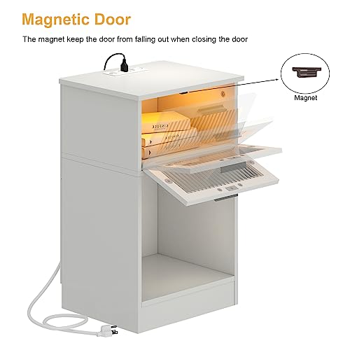 Nightstand with Charging Station and LED Light, Modern Bedside Table, Side End Table with Storage Compartment and Glass Door for Bedroom, Living Room -White