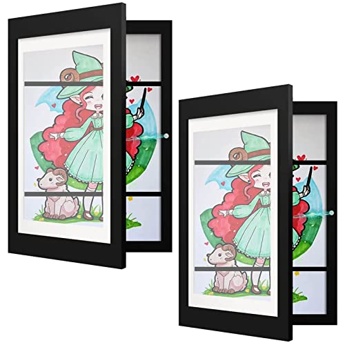 SanerDirect 2 Pack Black Frame for Kids Artwork, Displays 8.5x11 Artwork Frame Changeable| Hinged Wooden Frame for Picture, A4 Size Art Storage, Drawing Storage (12" x9 frame)