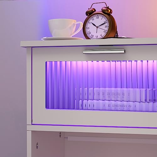 Nightstand with Charging Station and LED Light, Modern Bedside Table, Side End Table with Storage Compartment and Glass Door for Bedroom, Living Room -White