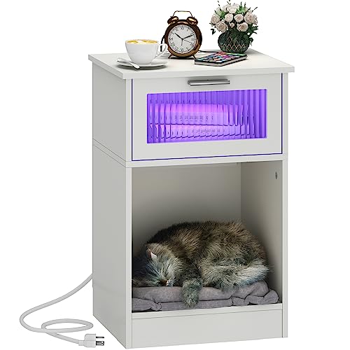 Nightstand with Charging Station and LED Light, Modern Bedside Table, Side End Table with Storage Compartment and Glass Door for Bedroom, Living Room -White