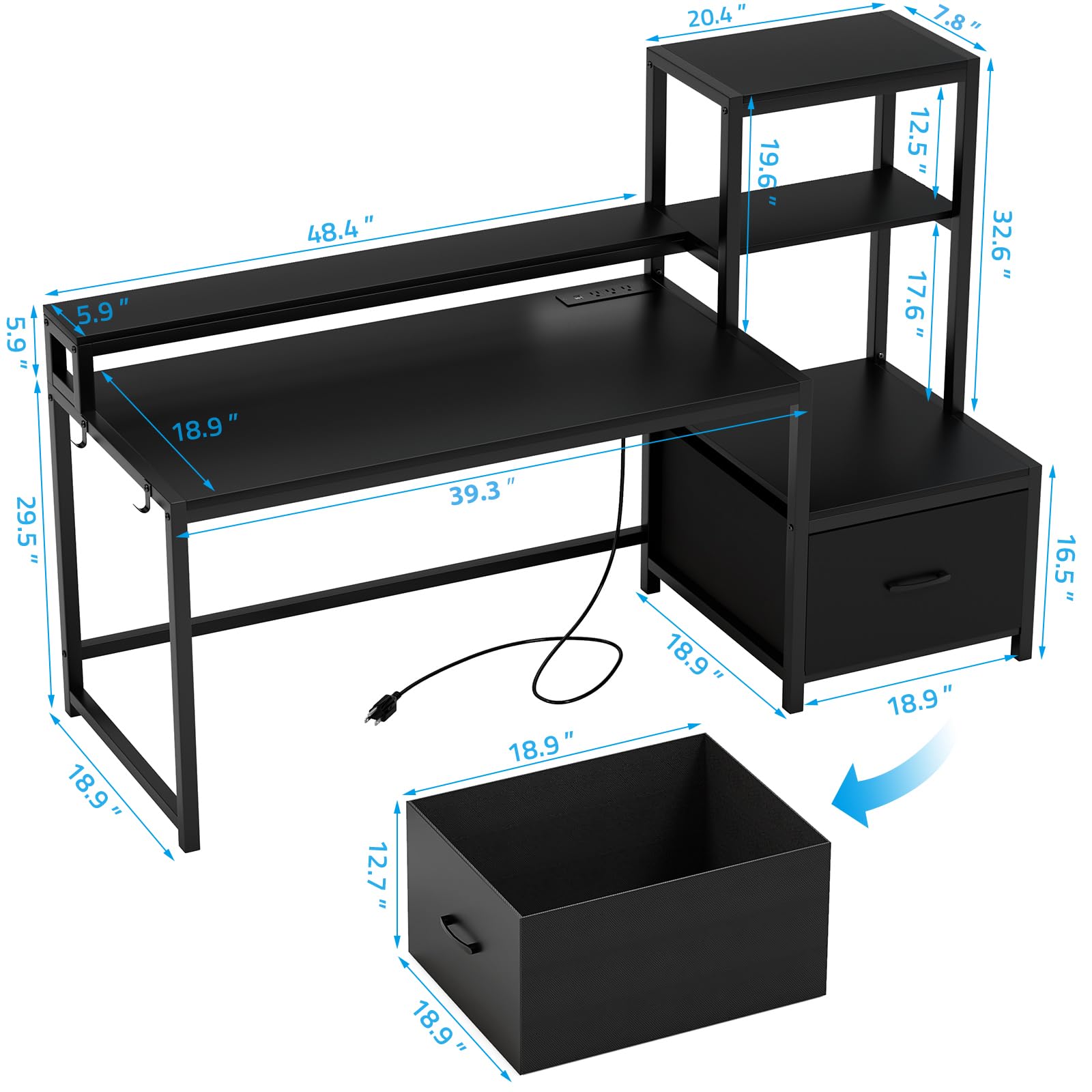 GreenForest Office Desk with Power Outlets and Printer Shelf, 59 inch Computer Desk with LED and Drawer, Reversible Gaming Desk with Storage for Home Study Working,Black