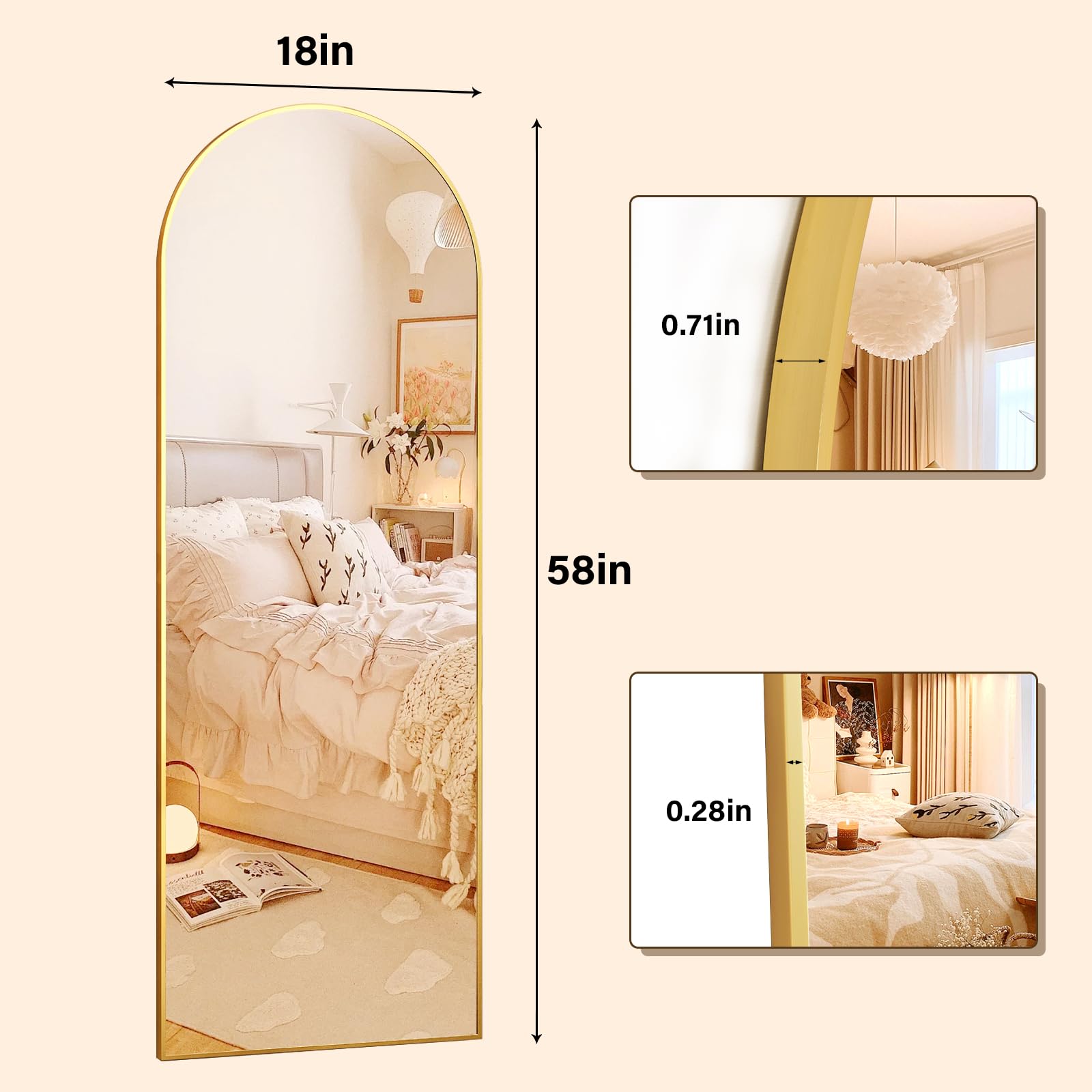 XRAMFY Arched Full Length Mirror 58"x18" Floor Mirrors with Aluminum Alloy Frame Free-Standing Wall Mounted Floor Mirrors or Large Dressing Mirror, Gold Arch Mirror