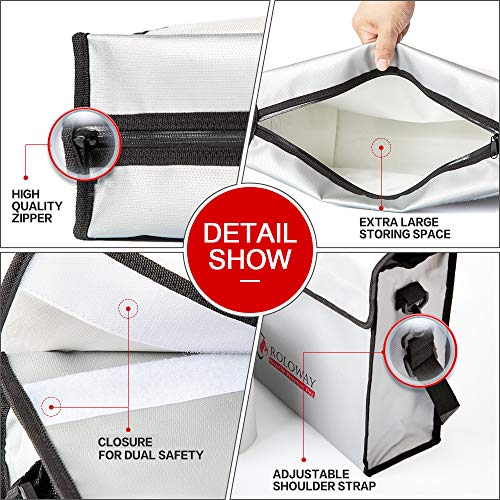 ROLOWAY Fireproof Document & Money Bags, Large Fireproof & Water Resistant Bag (15 x 12 x 5 inches), Fireproof Folder Safe Bag for Cash, Valuables & Passport, with Silicone Coating & Zipper Closure