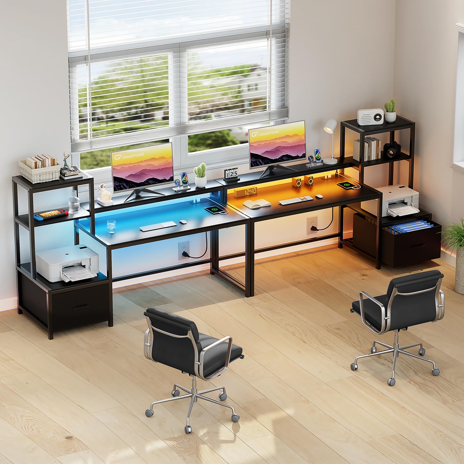 GreenForest Office Desk with Power Outlets and Printer Shelf, 59 inch Computer Desk with LED and Drawer, Reversible Gaming Desk with Storage for Home Study Working,Black