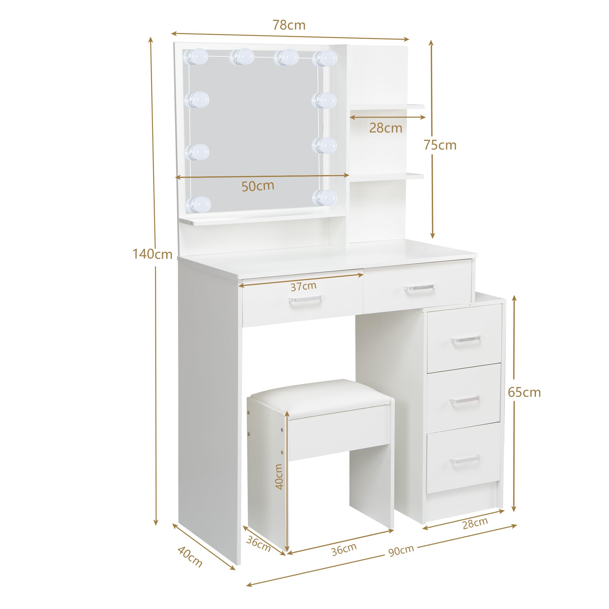 JBLCC Makeup Vanity with Lighted Mirror,Large Vanity Desk with Storage Shelves & 5 Drawers,Cushioned Stool,Makeup Vanity Table with Lights for Bedroom (3080)