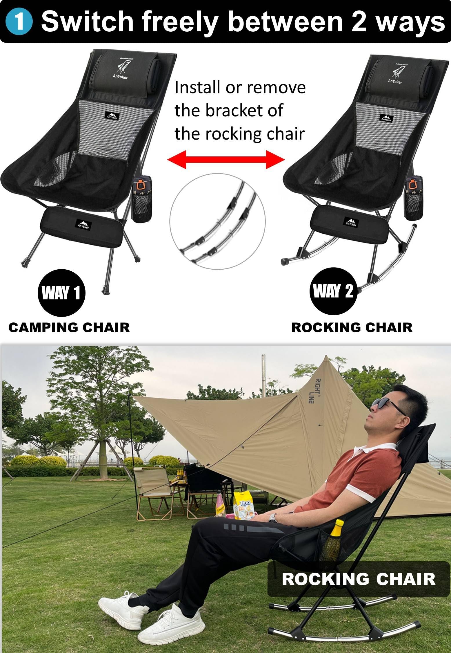 AnYoker Camping Chair, Compact Backpacking Chair, Portable Folding Chair, Beach Chair with Side Pocket and headrest, Lightweight Hiking ChairZZQH (Black)