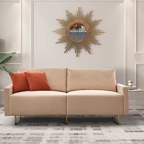 BAMOOLI 72.8'' Loveseat Sofa Couch, Mid Century Modern Linen Fabric Love Seat Sofa, Luxury 2 Seater Couch with Gold Metal Legs & 2 Throw Pillows, Comfy Couch for Living Room, Apartment, Office, Beige