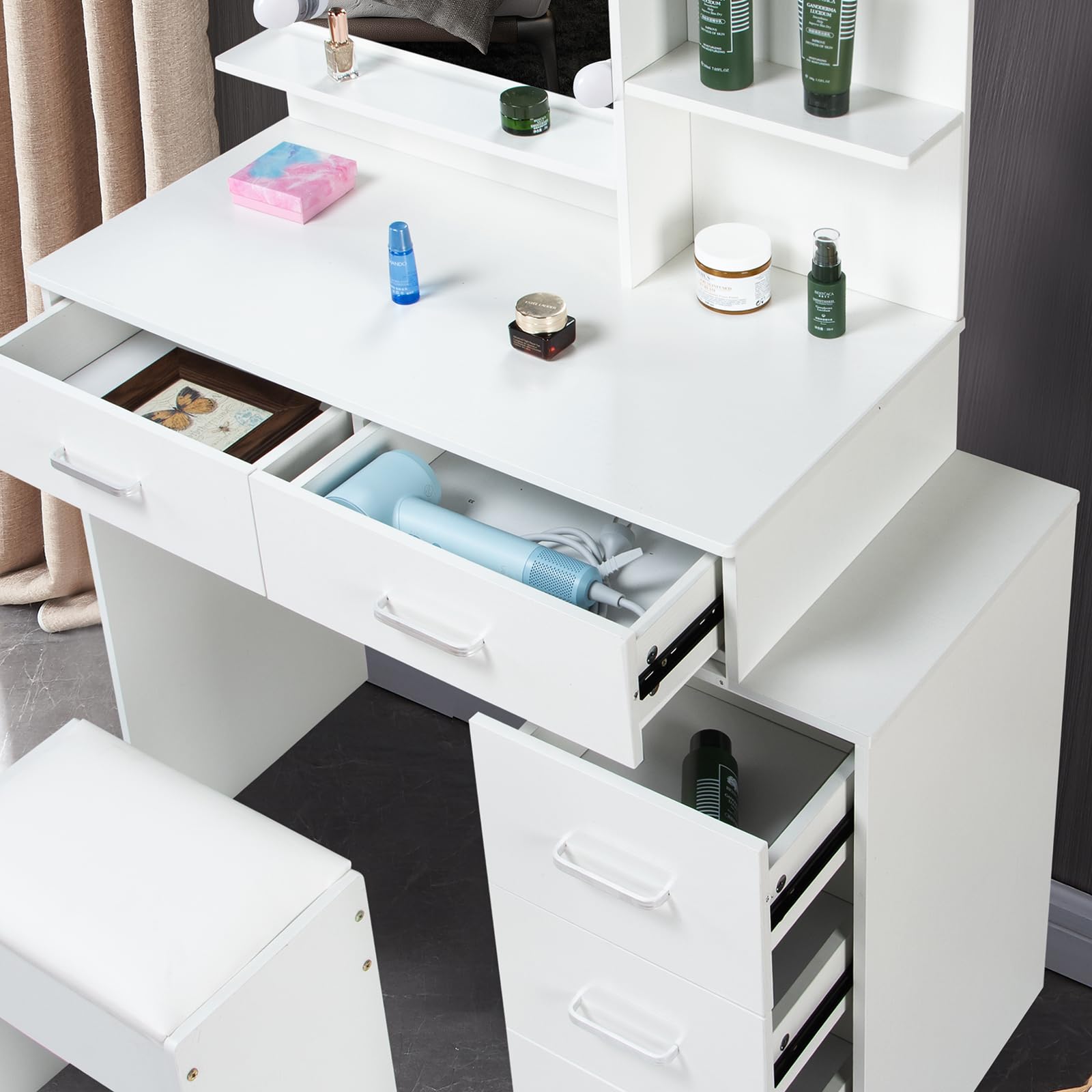 JBLCC Makeup Vanity with Lighted Mirror,Large Vanity Desk with Storage Shelves & 5 Drawers,Cushioned Stool,Makeup Vanity Table with Lights for Bedroom (3080)