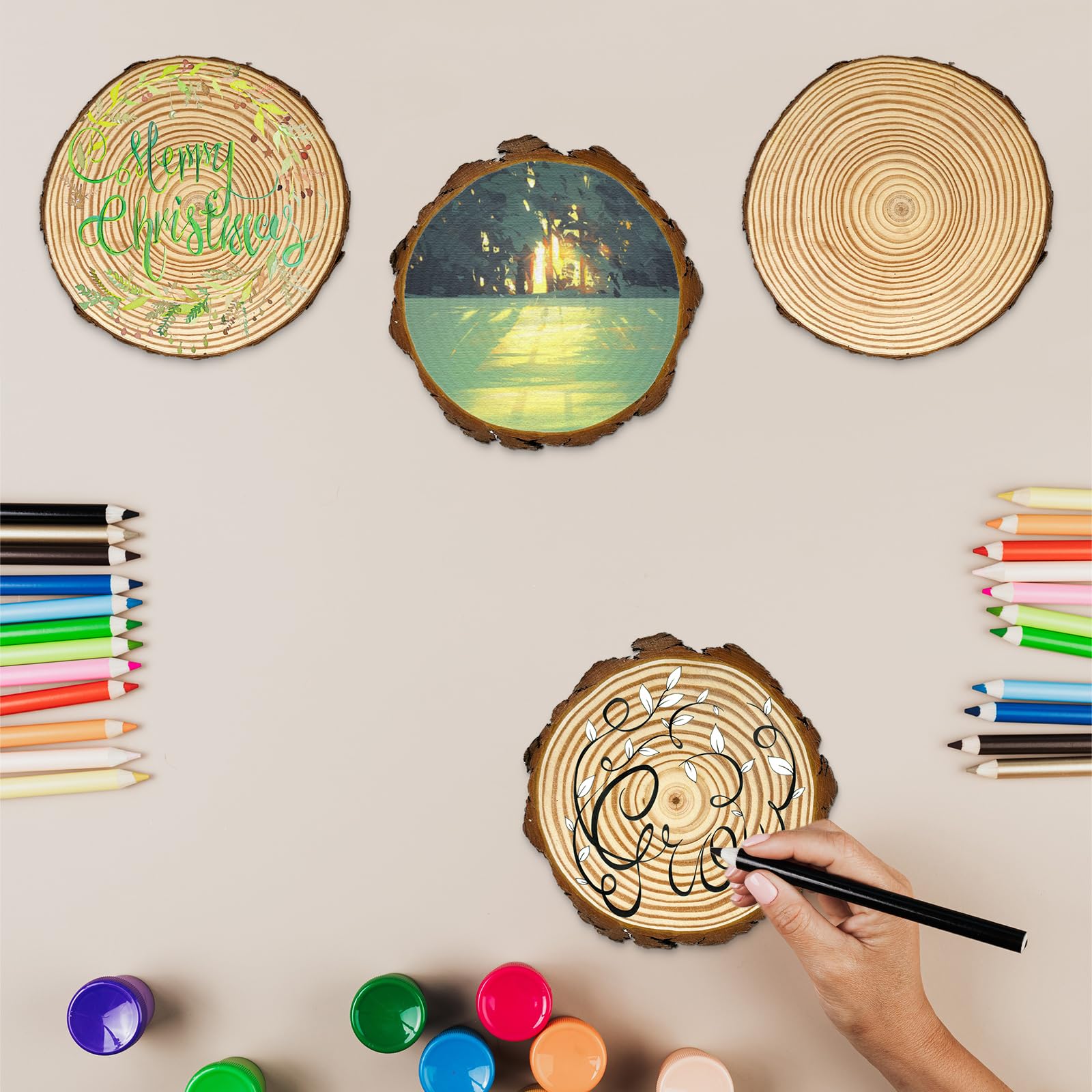 DSYIL 10 PCS Unfinished Wood Slices Bulk, 5.1-5.5 Inch Round Craft Wood Circles with Tree Bark,Christmas Ornaments Wood for Crafts Rustic Wedding Centerpieces Decoration
