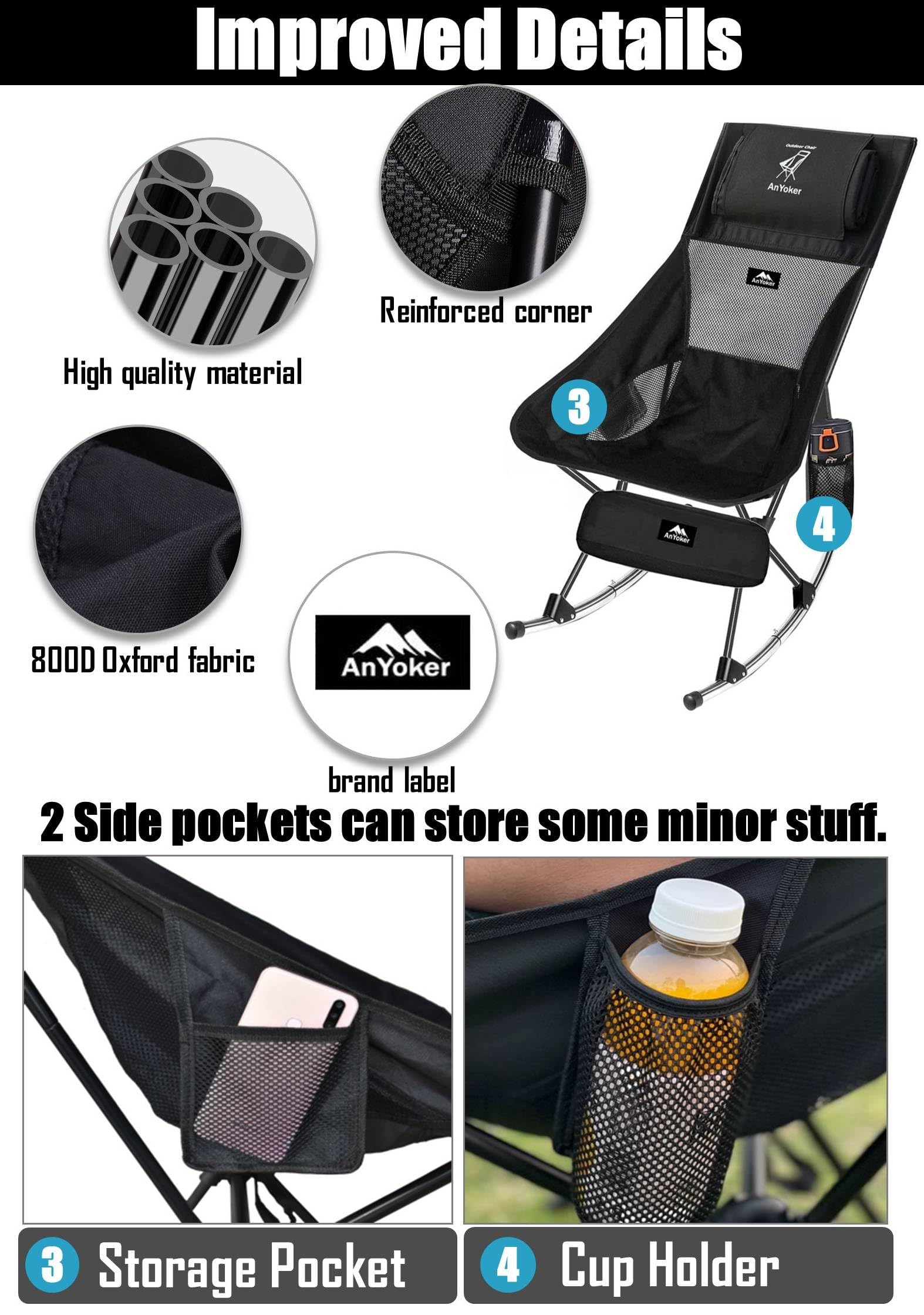 AnYoker Camping Chair, Compact Backpacking Chair, Portable Folding Chair, Beach Chair with Side Pocket and headrest, Lightweight Hiking ChairZZQH (Black)