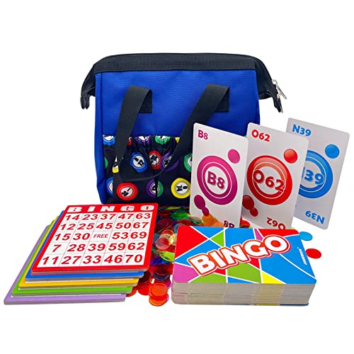 JUNWRROW Deluxe Bingo Game Set - Includes Blue Bingo Bag, Jumbo Calling Card Deck,50 Mixed Bingo Cards, 500 Colorful Chips with a Bag- Ideal for Large Groups, Parties