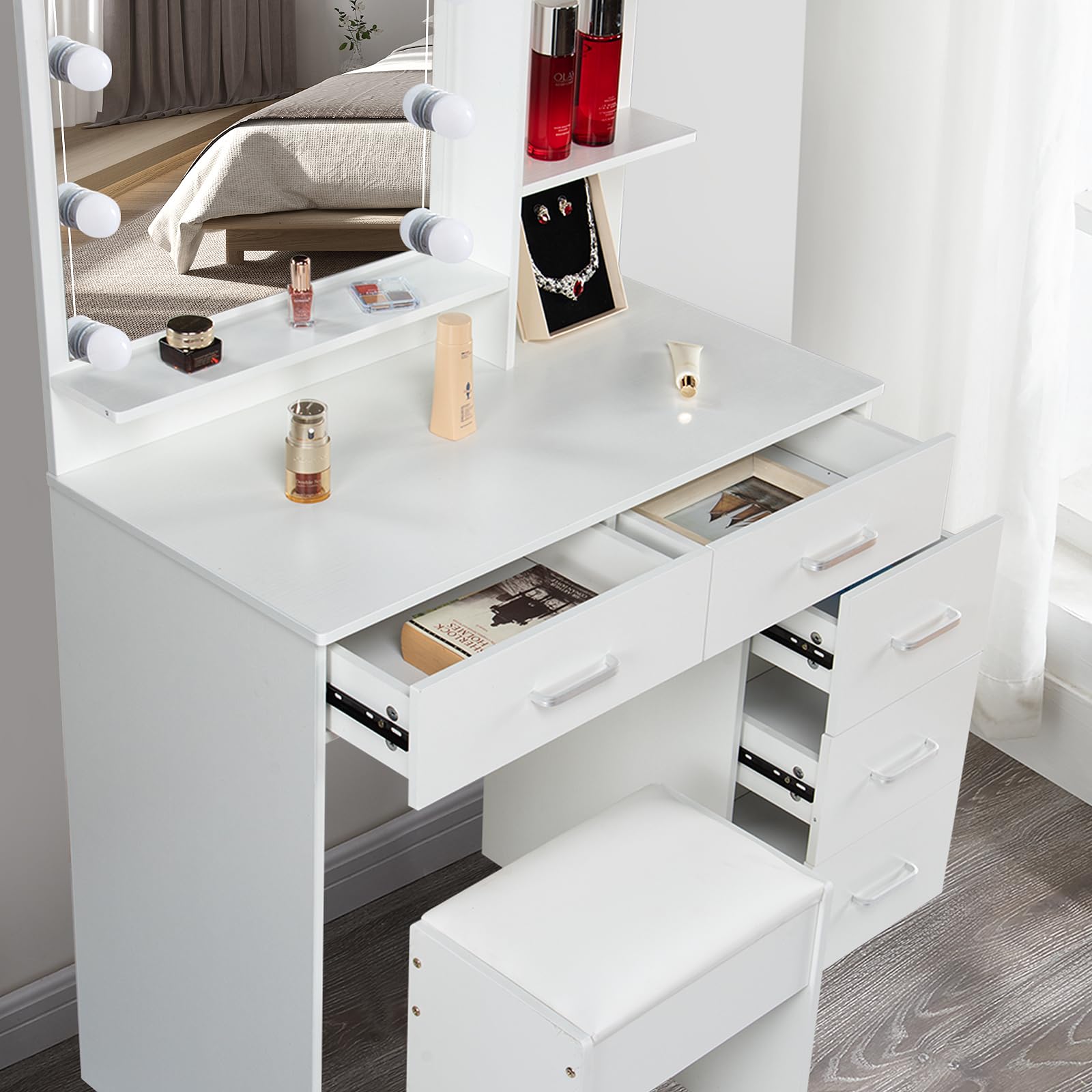 JBLCC Makeup Vanity with Lighted Mirror,Large Vanity Desk with Storage Shelves & 5 Drawers,Cushioned Stool,Makeup Vanity Table with Lights for Bedroom (3080)