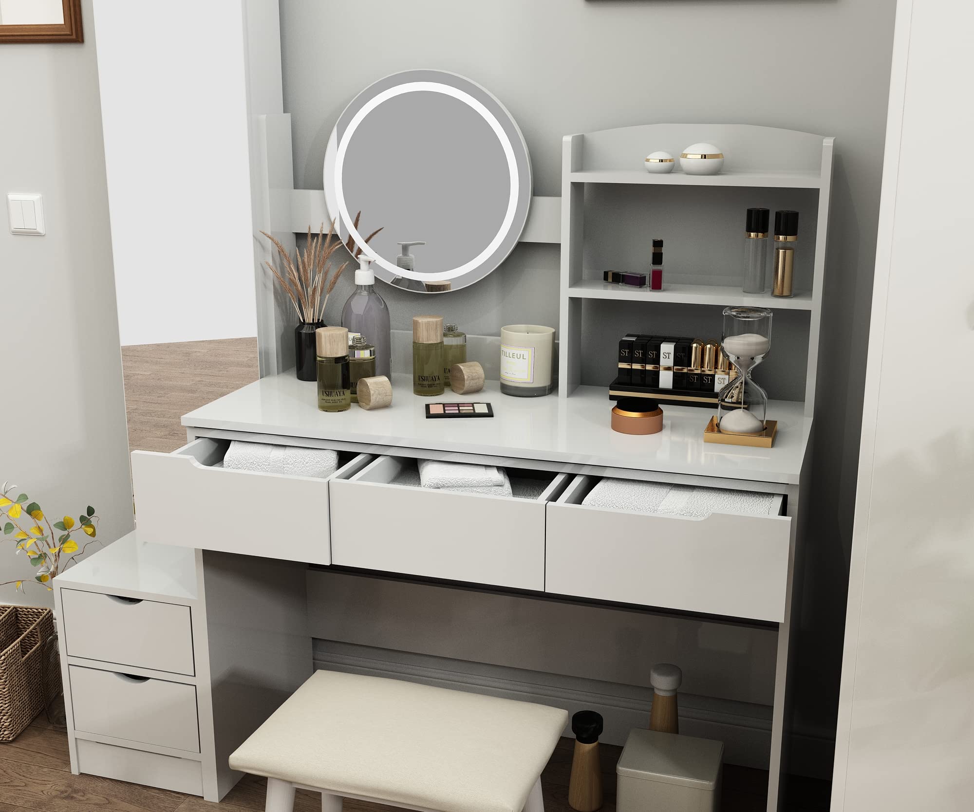 63" Makeup Vanity Desk with 3-Color Adjustable Touch Light,Wooden Mass Storage Vanity Mirror with 5 Drawers for Women Girls White