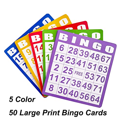 JUNWRROW Deluxe Bingo Game Set - Includes Red Bingo Bag, Jumbo Calling Card Deck,50 Mixed Bingo Cards, 500 Colorful Chips with a Bag- Ideal for Large Groups, Parties