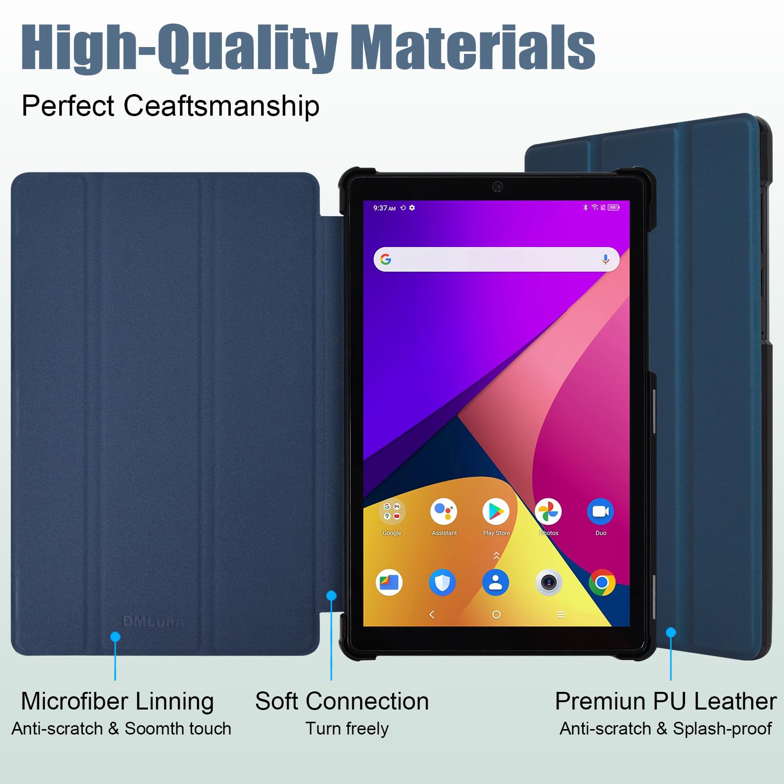 DMLuna Slim Tri-Fold Stand Hard Back Shell Premium PU Leather Cover for TCL Tab 8 SE, 8 Plus & 8 2024, Navy Blue